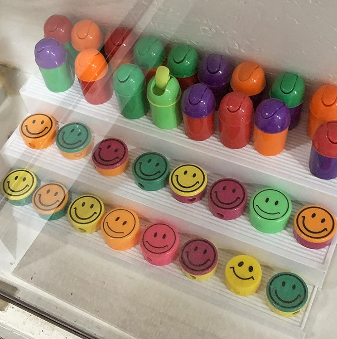 The happiest sharpeners on Earth! These colorful smiley faces and rainbow-hued cylinders bring unexpected joy to the mundane task of pencil pointing.