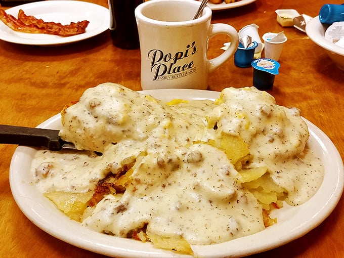 Biscuits smothered in sausage gravy so good you'll want to write poetry about it, served with a side of "I'll diet tomorrow."
