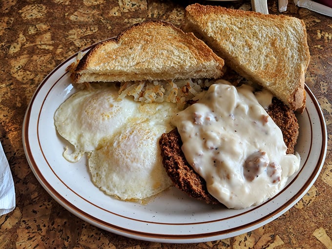 Country fried steak smothered in peppery gravy alongside sunny-side-up eggs&mdash;the breakfast equivalent of finding an extra $20 in your winter coat pocket.
