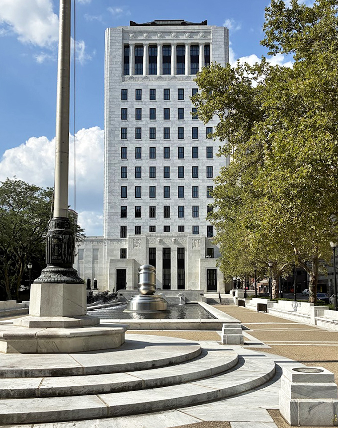 Architectural harmony at its finest. The Art Deco courthouse provides the perfect sophisticated setting for its playfully oversized lawn ornament.