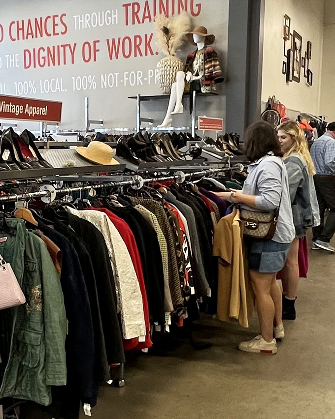 Shoppers on the hunt, proving that thrifting isn't just a hobby—it's a competitive sport with bragging rights.