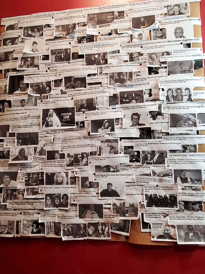 A wall of celebrity death notices creates a sobering timeline of famous departures from the mortal coil.