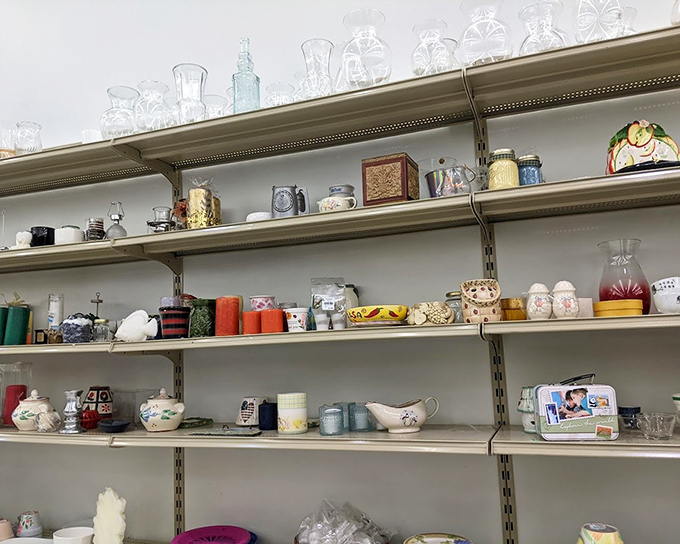 Vintage glassware and knickknacks that would make your grandmother swoon. Each shelf tells stories of dinner parties past.