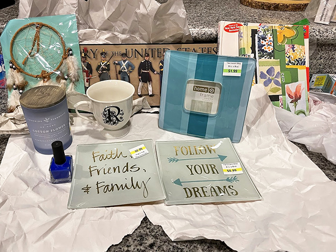 Inspirational plaques, peace signs, and decorative trinkets galore—because sometimes your home needs to literally spell out "Follow Your Dreams" for visitors.