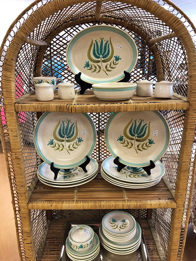 Folk art meets functional dining with this vintage dinnerware collection. Grandma would approve of both the pattern and the price tag.