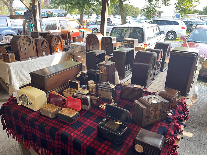 Vintage radios displayed on plaid remind us when furniture doubled as conversation pieces.