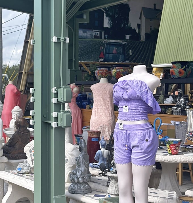 Treasures beyond edibles await at specialty shops where Buddha statues and summer fashion create the ultimate "I just came for apples" temptation test.