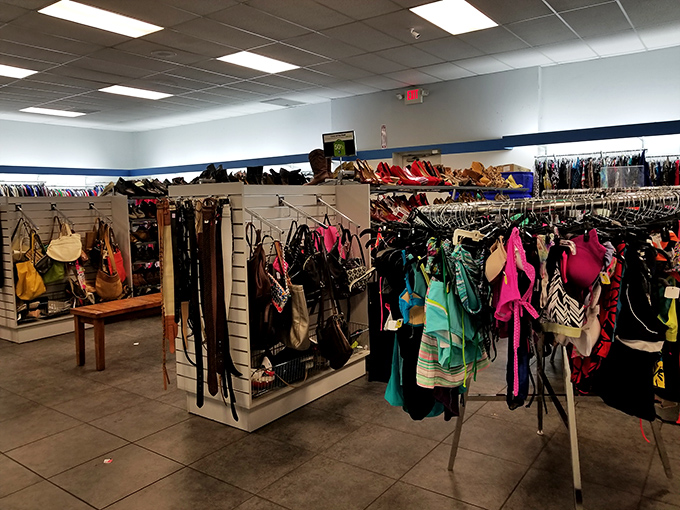 The accessories section – where yesterday's designer handbags and tomorrow's vintage finds hang in suspended animation, waiting for their second act.