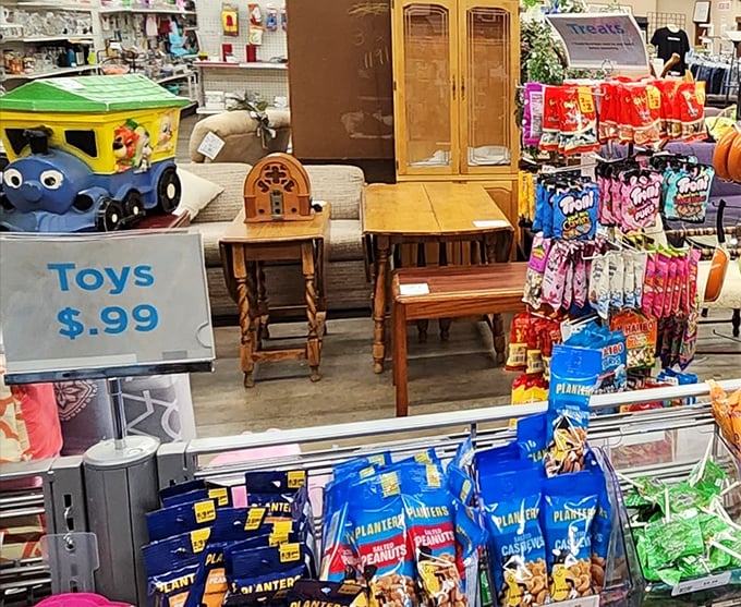 Toys at 99 cents? That blue bus might have transported my childhood memories here. Wooden chairs wait patiently for their second act.