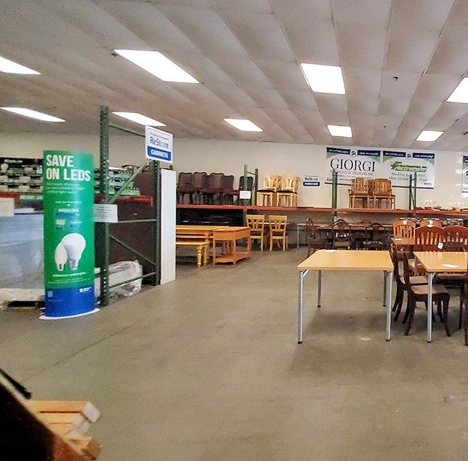 Tables and chairs arranged with military precision, standing at attention and ready to serve in your dining room for a fraction of retail.