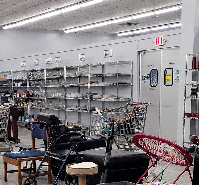 Furniture finds await their forever homes. That red bungee chair is practically screaming, "Take me home and tell your friends you paid triple!"