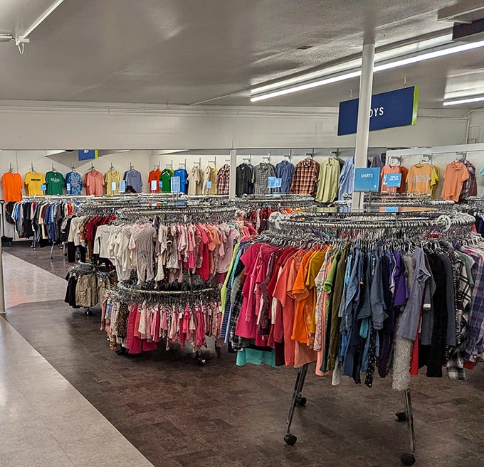 Rows of colorful children's clothing stretch endlessly, ready to outfit growing kids without requiring a second mortgage on your house.