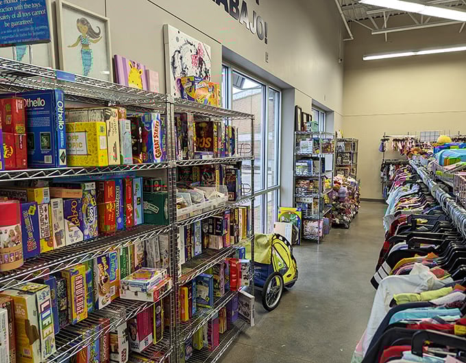 Board games and childhood memories line these shelves. One person's decluttering mission becomes another's nostalgic Saturday night entertainment.