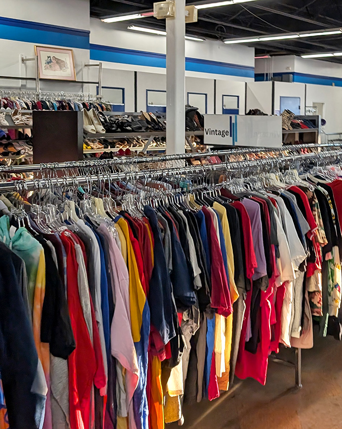 The clothing section: where vintage meets value, and yesterday's fashion trends await their triumphant comeback.