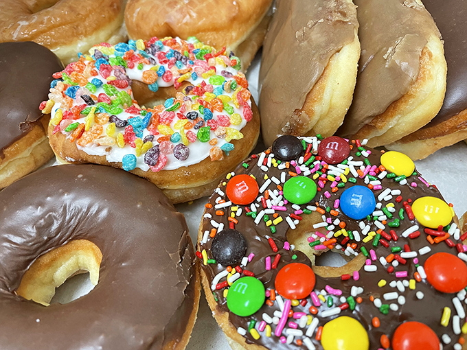 A colorful celebration on a plate! Sprinkles and M&Ms transform ordinary donuts into edible works of art.