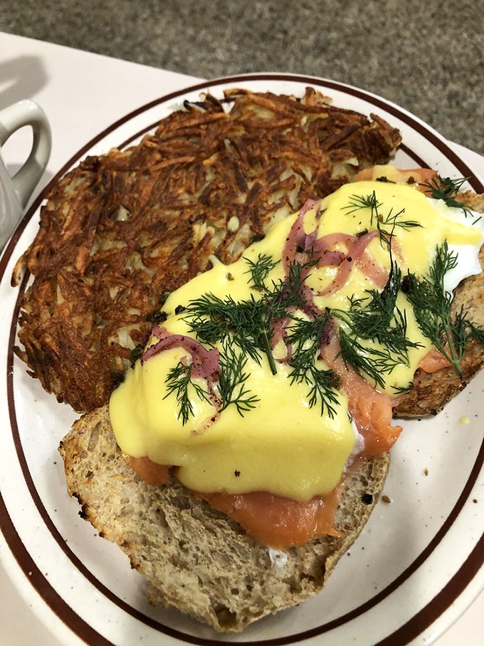 Eggs Benedict that belongs in the Breakfast Hall of Fame&mdash;perfectly poached eggs, hollandaise that achieves that magical butter-lemon balance, and hash browns crisped to golden perfection.