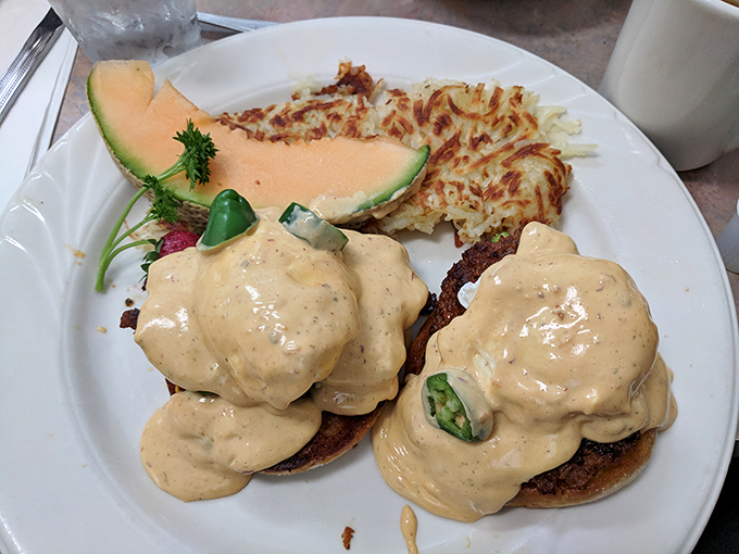 Eggs Benedict elevated to an art form&mdash;poached eggs nestled on English muffins, blanketed in hollandaise that's somehow both rich and light.