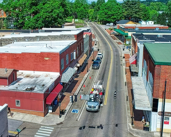 The aerial view reveals Rogersville's perfect small-town layout, where everything you need is just a pleasant stroll away.