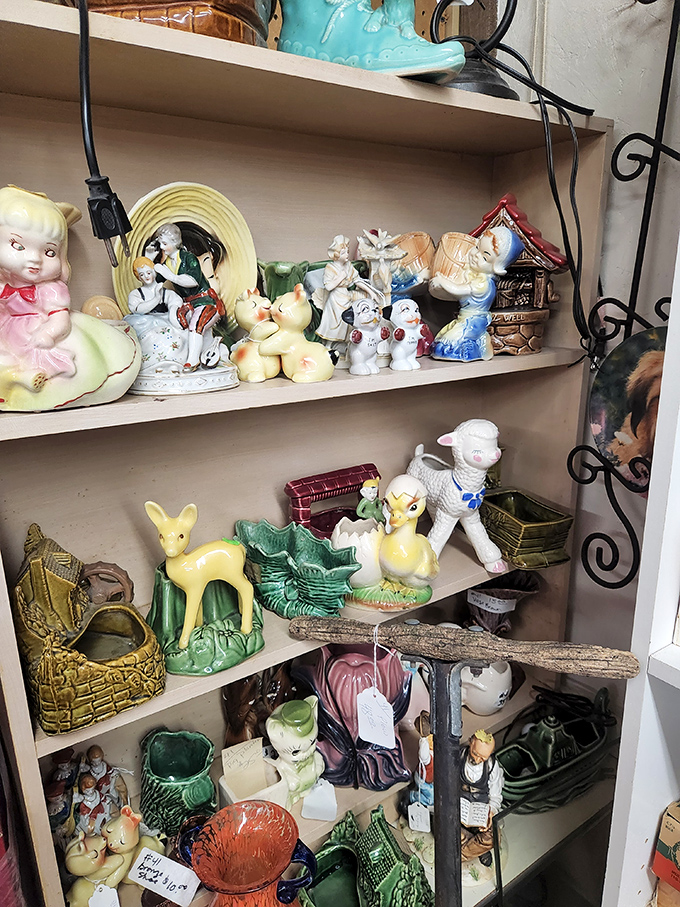 Porcelain figurines stand in formation like tiny sentinels of nostalgia, each one whispering, "Remember when?"