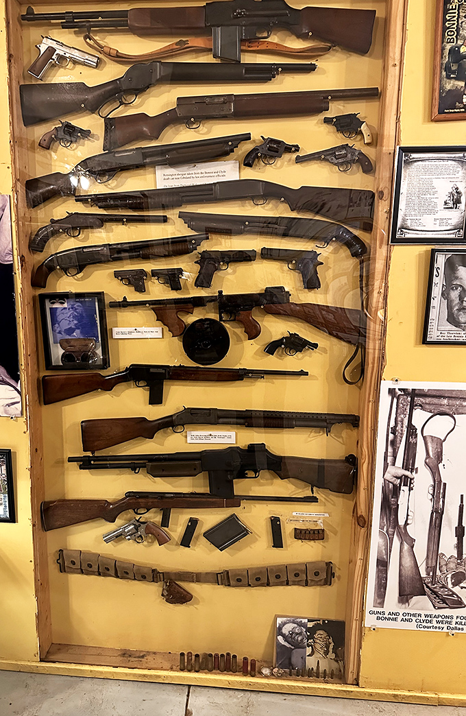 The arsenal display showcases firearms similar to those used during the era. A sobering reminder of the violent reality behind the romanticized legend. 