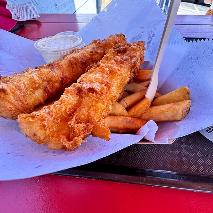 Golden, crispy perfection that makes you wonder if Neptune himself is working the fryer. This fish and chips deserves its own California postal code.