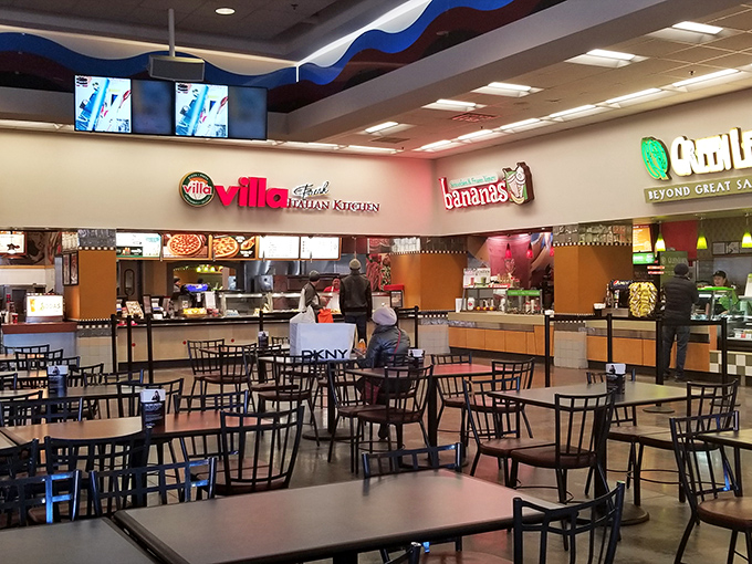 Villa Fresh Italian Kitchen anchors the food court, where the unspoken rule is clear: refuel quickly, there are still deals to conquer. 