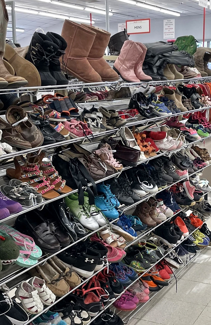 Shoe paradise or footwear museum? Either way, these shelves offer everything from barely-worn boots to "someone really loved these" sneakers.