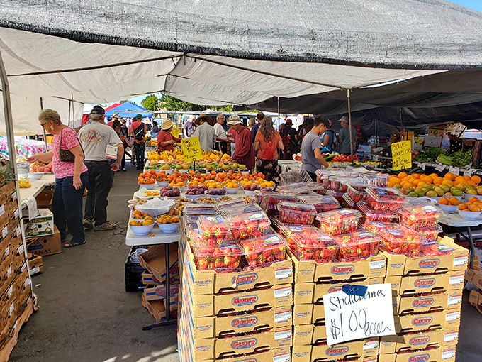 Fresh strawberries stacked like edible pyramids prove that sometimes the best deals come straight from the farm.