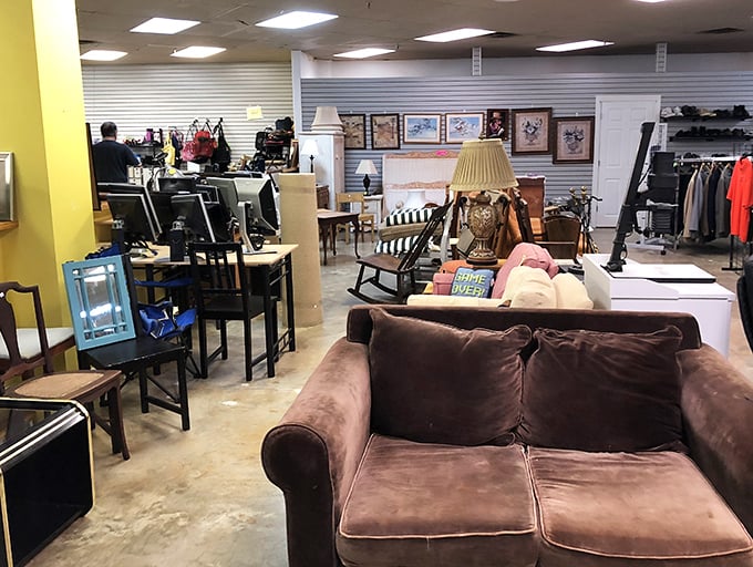 That brown velvet sofa has stories to tell, and at these prices, you can afford to listen. Quality furniture finds await the patient treasure hunter.