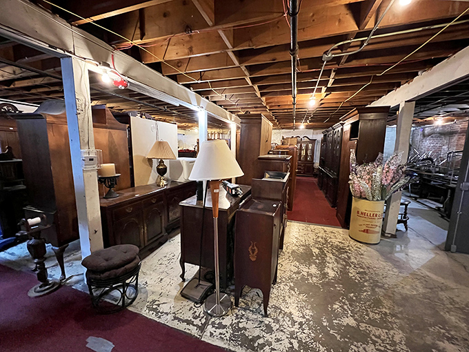 The basement furniture section feels like your eccentric great-aunt's living room. Every lamp, table, and cabinet has stories etched into its patina.