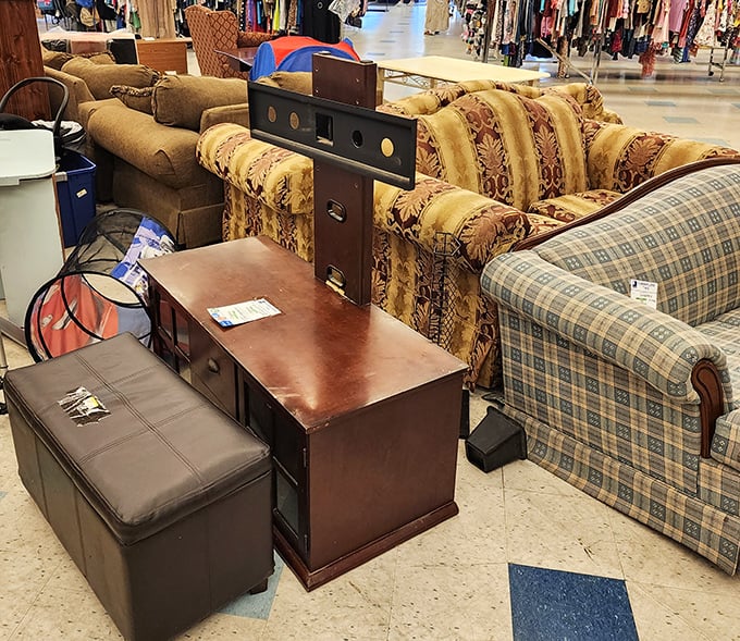 The furniture section: where that perfect conversation piece waits patiently between floral couches and practical storage solutions.