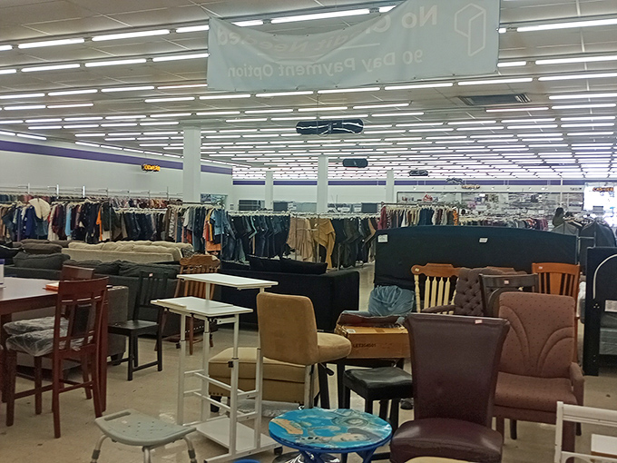 The furniture section resembles a living room time machine, where mid-century chairs mingle with contemporary tables in perfect harmony.