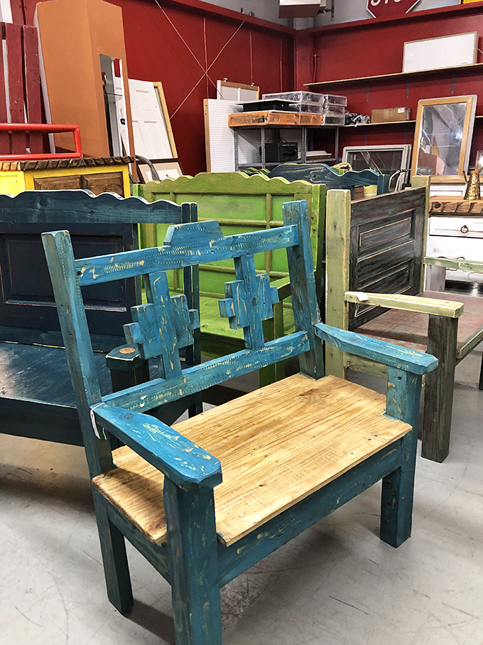 Southwestern charm meets functional art in these turquoise wooden chairs – each one telling stories of desert sunsets and family gatherings around adobe fireplaces.