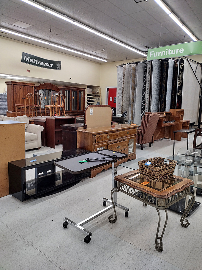 The furniture section offers everything from dining chairs to desks. One person's discarded dresser becomes another's vintage find.