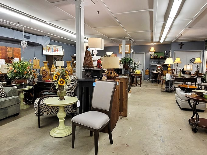 Elegant furniture displays create little living rooms from the past. That zebra-print ottoman is practically begging to tell stories.
