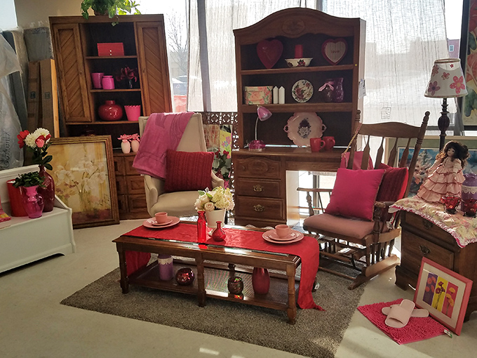 A Valentine's-themed furniture vignette showcases how secondhand pieces can create a cohesive look. That rocking chair has stories to tell—and more to hear.