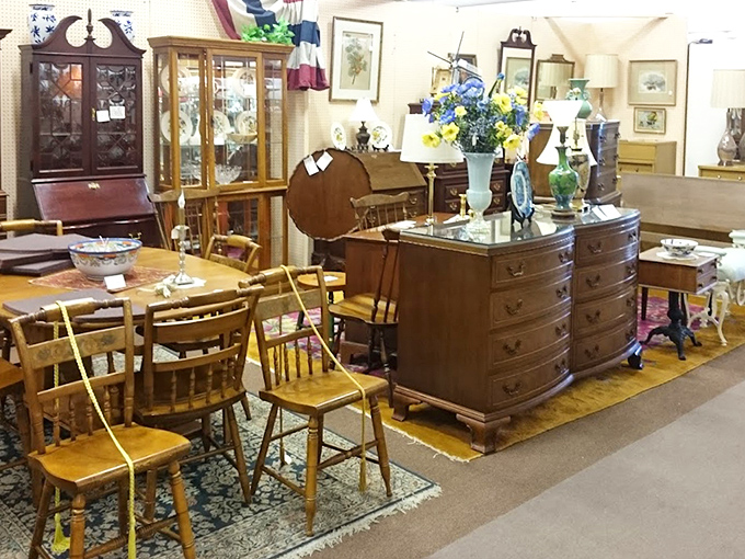Furniture arranged like a time-traveling living room where Eisenhower could meet Elvis for coffee.