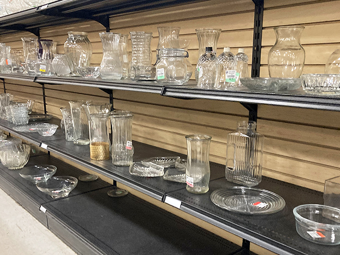 Crystal clear opportunities line these shelves &ndash; vintage glassware that would cost a fortune elsewhere sits patiently waiting for new homes.