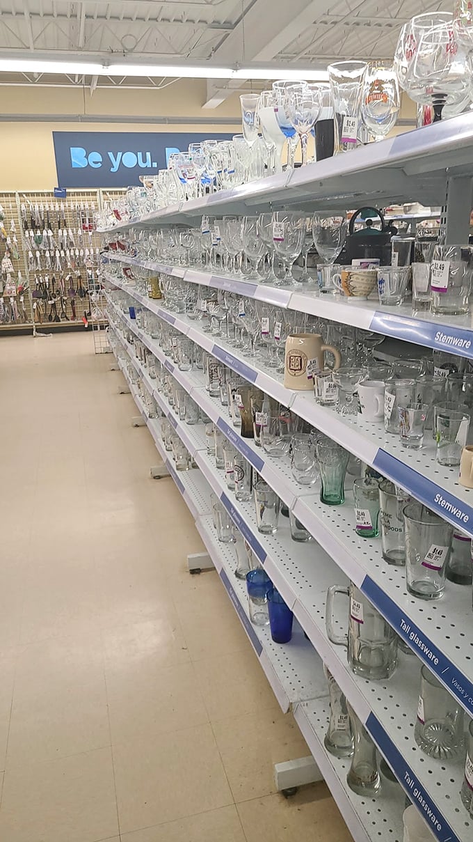The glassware aisle sparkles with potential dinner party elegance&mdash;from forgotten wedding gifts to vintage barware ready for its second act.