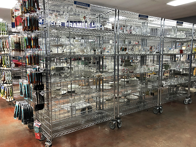 Crystal kingdoms and glass galaxies! The glassware section sparkles with everything from everyday tumblers to forgotten fancy pieces.