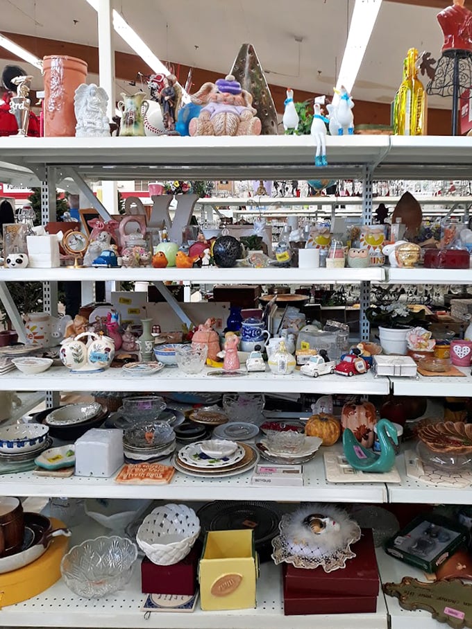 Shelves of glassware and knickknacks tell silent stories of dinner parties past, each piece waiting for its second act.