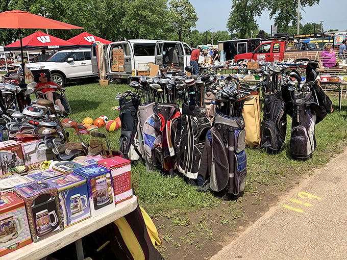 Golf club graveyard or duffer's paradise? One person's abandoned nine iron becomes another's ticket to weekend glory on Wisconsin's rolling greens.