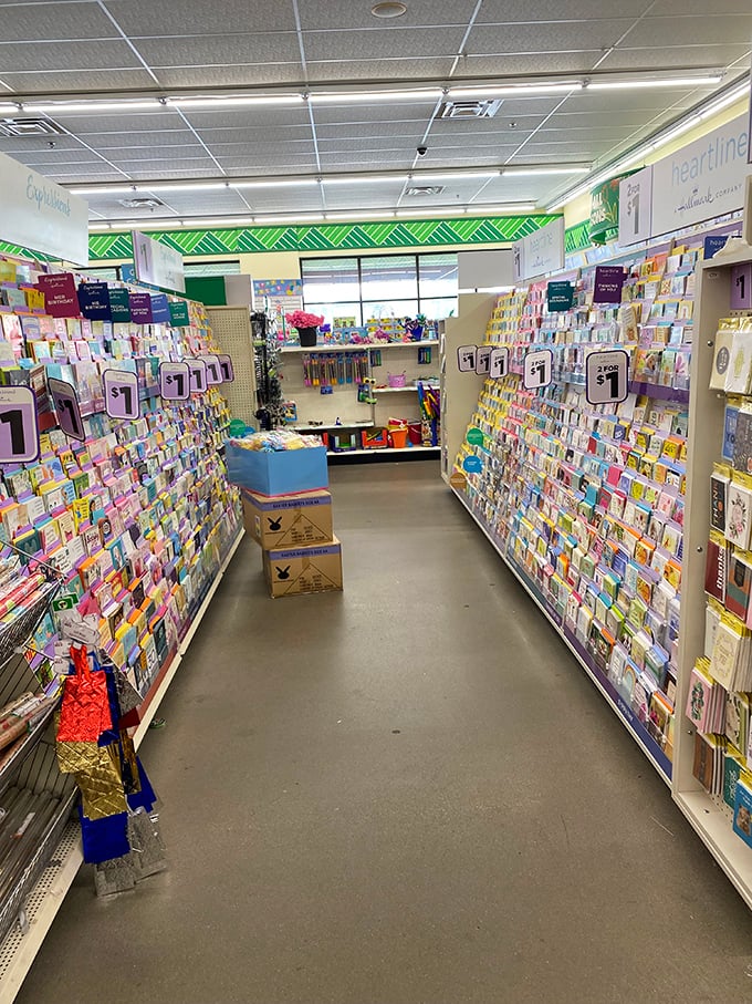 The greeting card wall rivals any fancy shop, minus the guilt-inducing price tags your wallet appreciates.