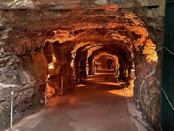 The warm amber glow of strategically placed lighting transforms this passageway into something straight out of an Indiana Jones adventure.