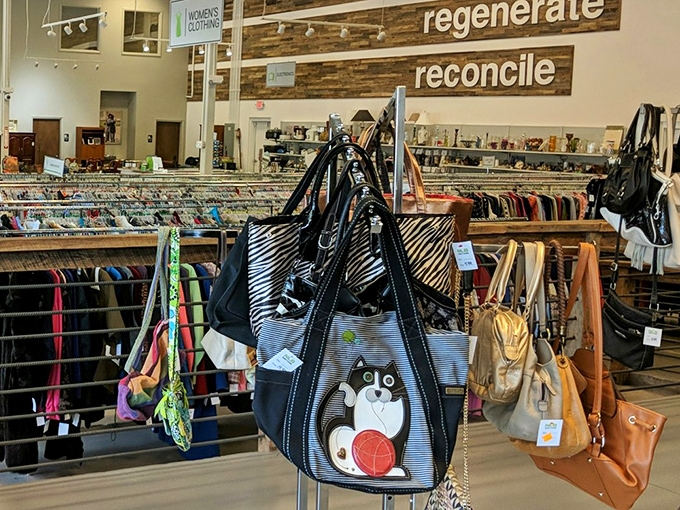 The handbag section&mdash;where purses get their second chance at romance. That dog-adorned tote is practically begging, "Take me home and fill me with treats!"
