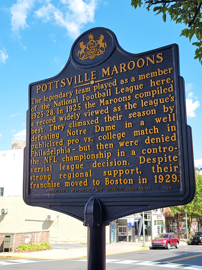 The Pottsville Maroons historical marker recalls when this small town tackled football greatness, defeating Notre Dame before being sidelined by NFL politics.