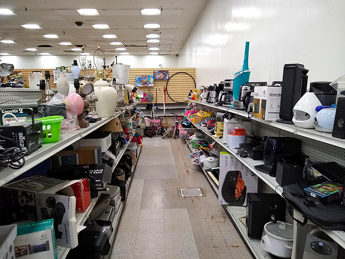Electronics and appliances line these shelves like technological time capsules. That waffle maker might just make Sunday mornings great again!