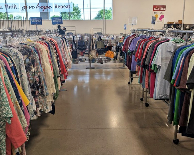 Color-coded clothing racks stretch toward the horizon like a fashionista's yellow brick road. Dorothy would definitely approve.