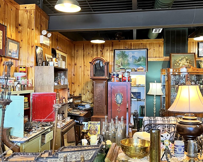 Wood-paneled walls create the perfect backdrop for this carefully curated chaos&mdash;where that grandfather clock has likely witnessed more history than most history books.