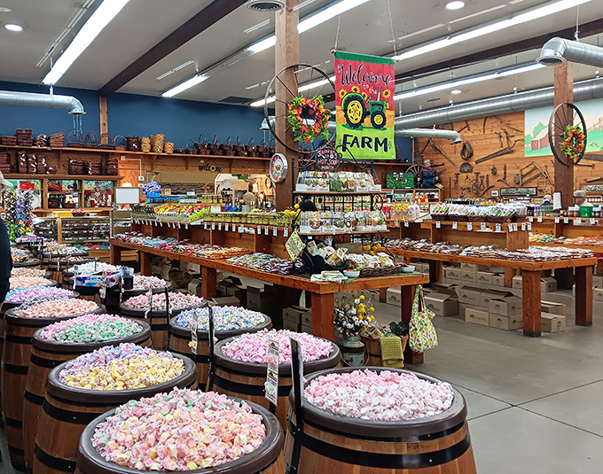 Wooden barrels overflow with colorful taffy while nut displays stretch toward the horizon &ndash; a candy-lover's fever dream come true.